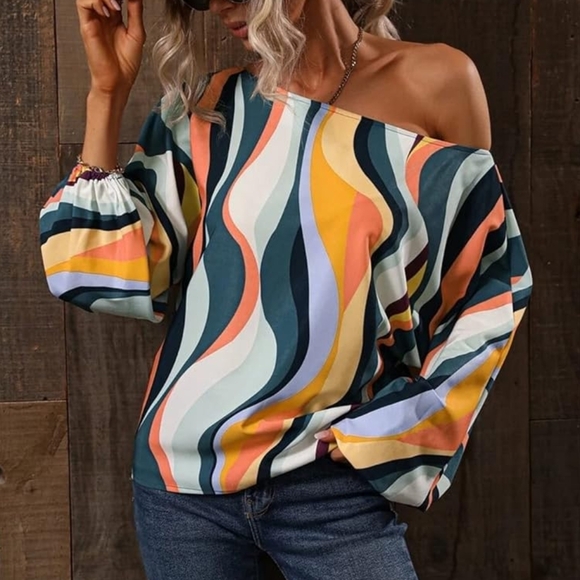 Tops | Colorful Crew Neck Poof Sleeveoffshoulder Womens Top Large ...